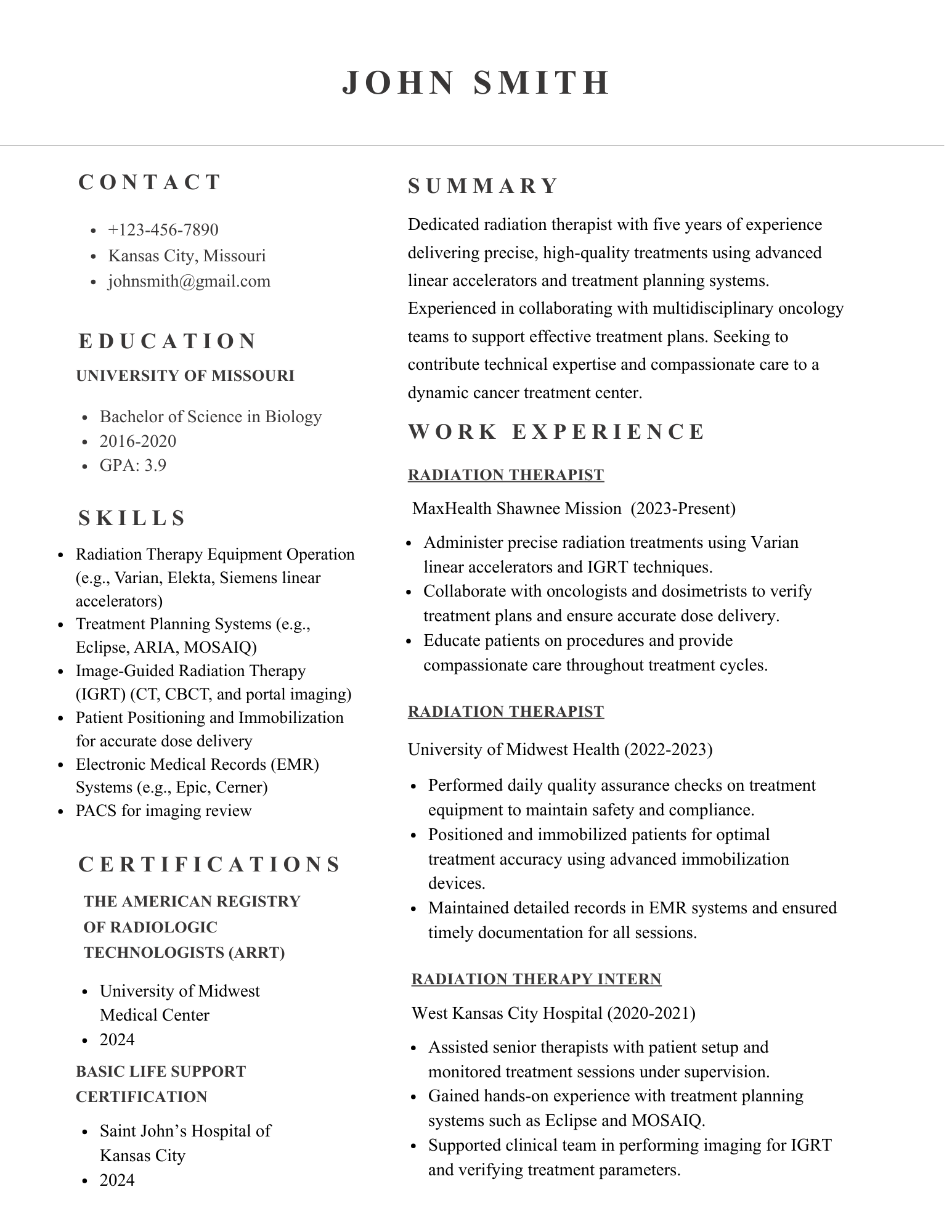 Radiation therapist resume tips, examples, and templates